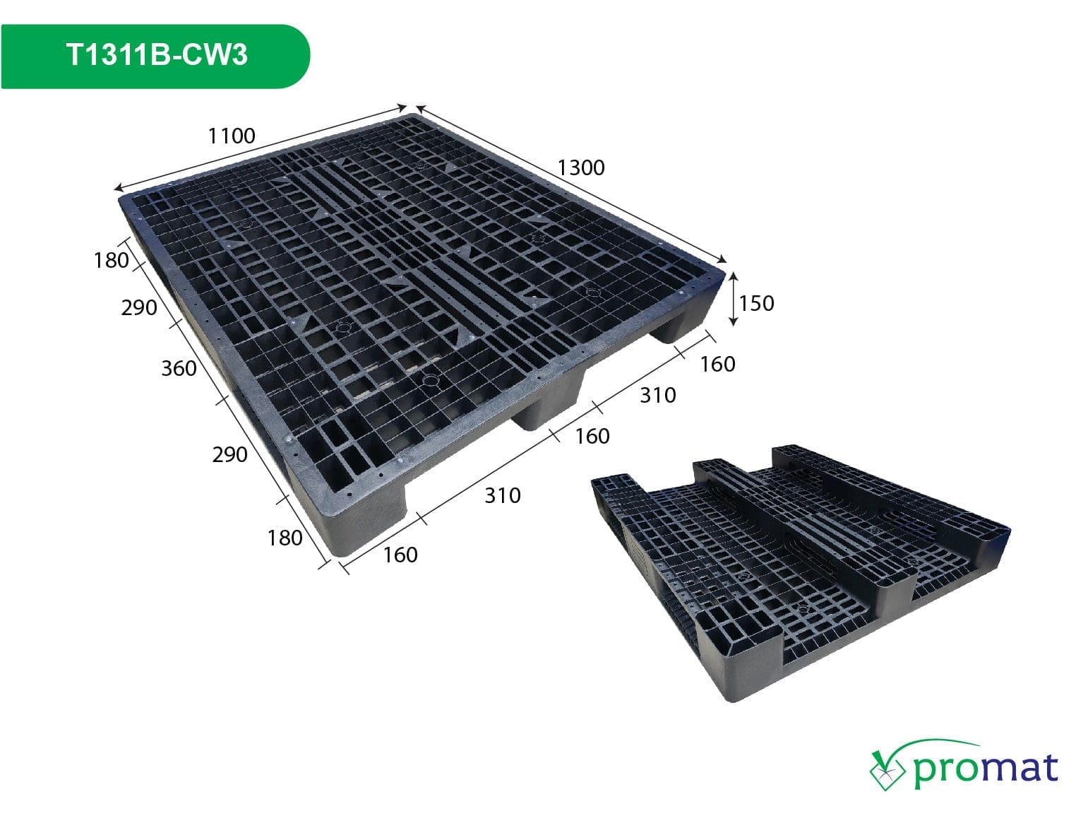 Pallet nhựa 1300x1100x150mm 3 chân màu đen